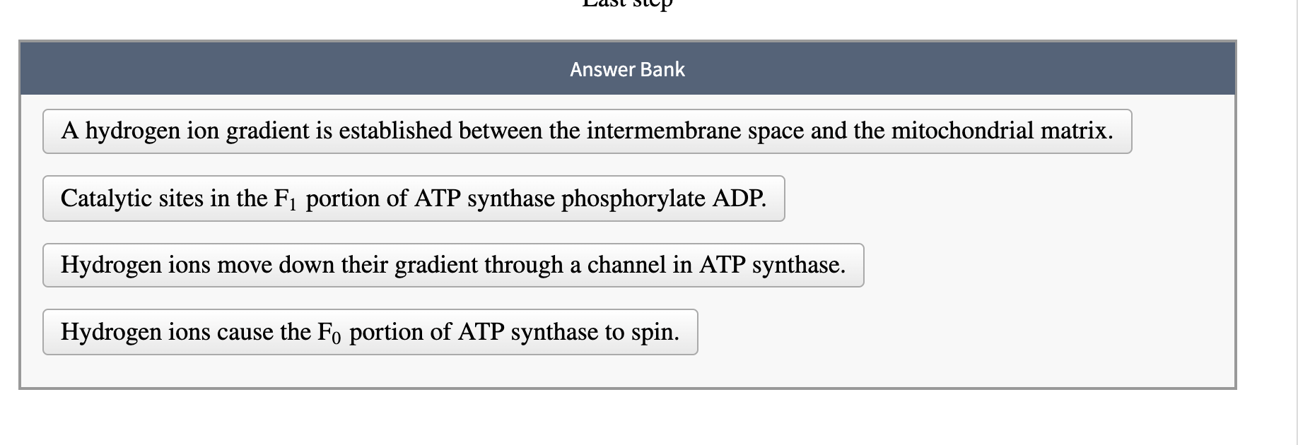 Solved Answer BankA hydrogen ion gradient is established | Chegg.com