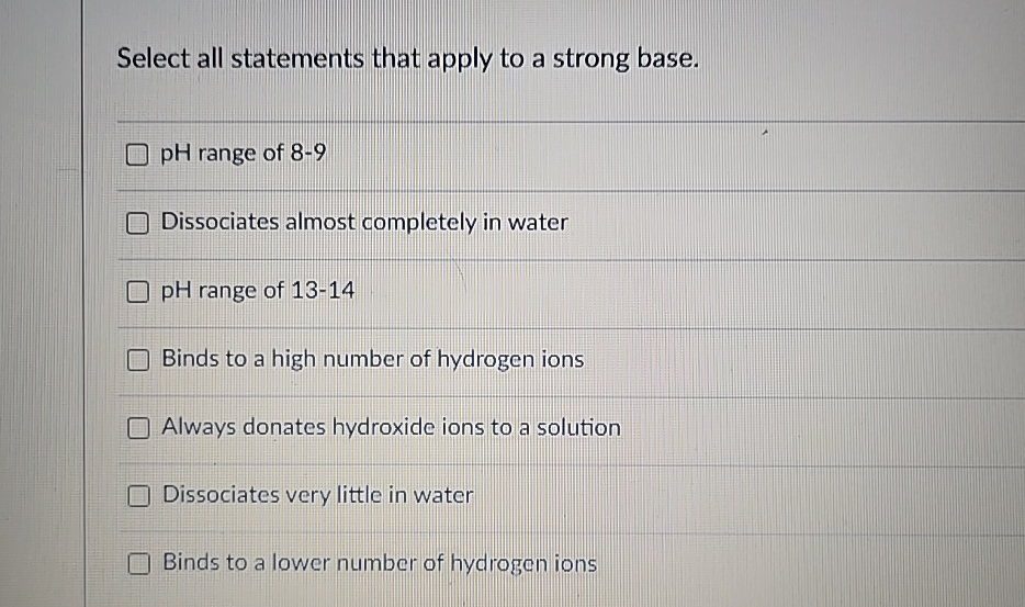 Solved Select all statements that apply to a strong base.pH | Chegg.com