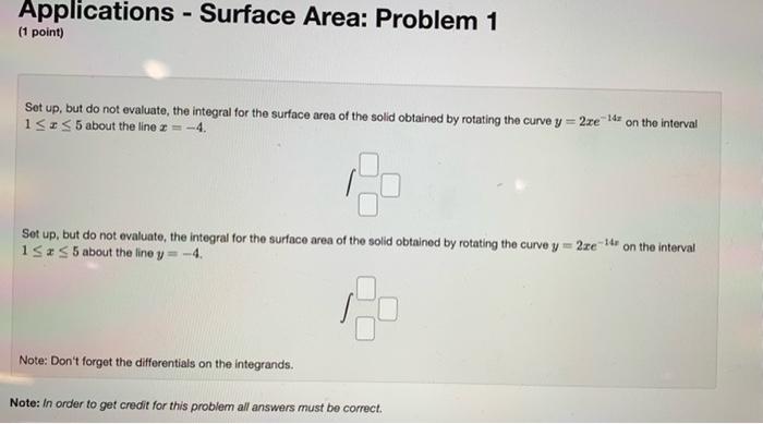 Solved Applications - Surface Area: Problem 6 (1 point) Find | Chegg.com