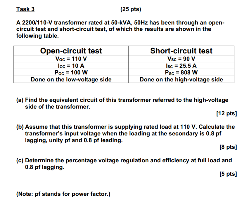 Solved Task 3?(25 ﻿pts)A 2200/110-V transformer rated at | Chegg.com