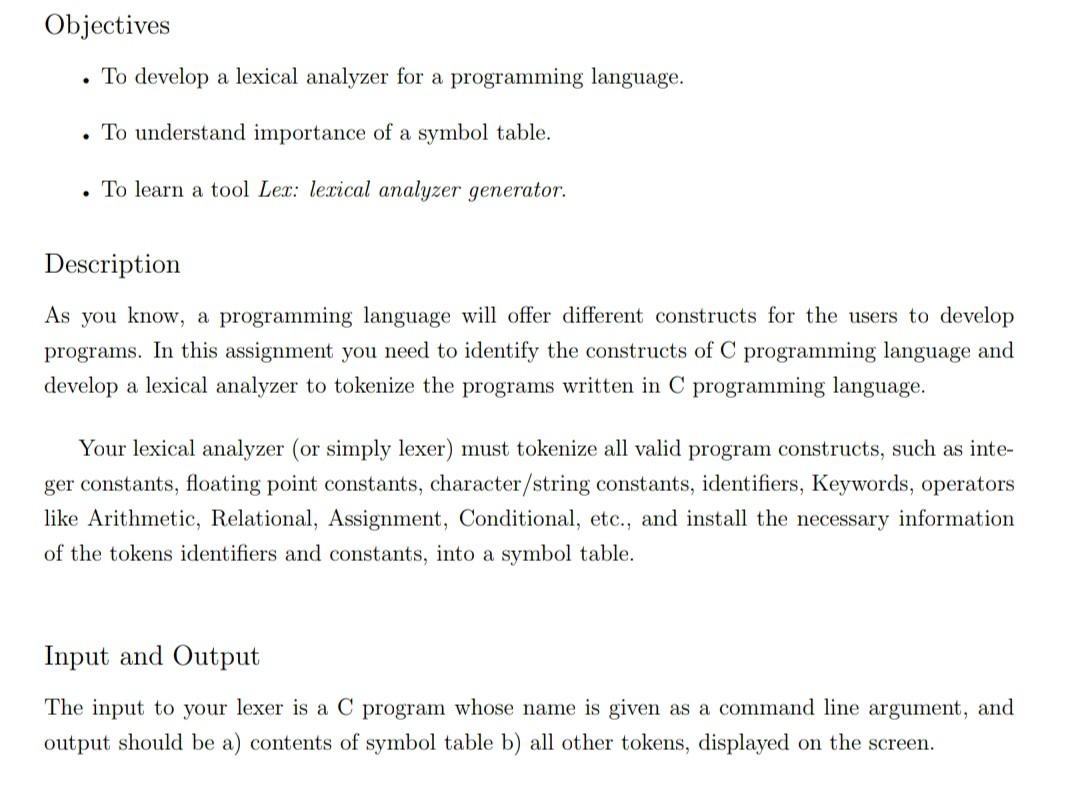 Solved Objectives . To develop a lexical analyzer for a | Chegg.com