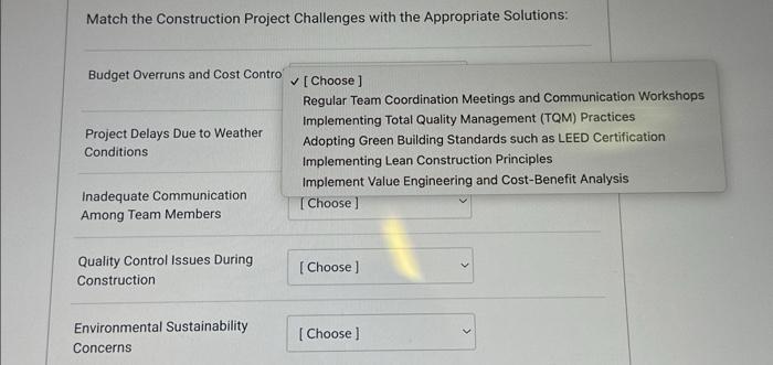 Solved Match the Construction Project Challenges with the | Chegg.com
