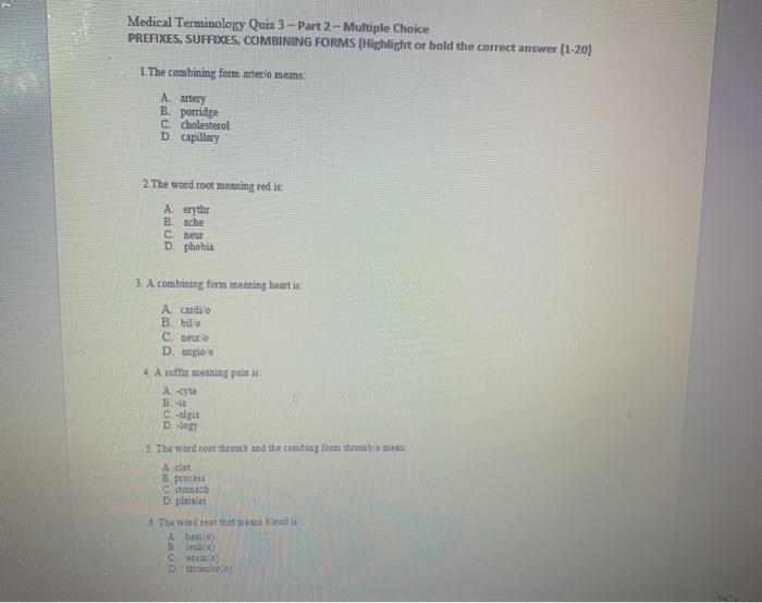 Medical Terminology Quiz 3 - Part 2 - Multiple Choice | Chegg.com