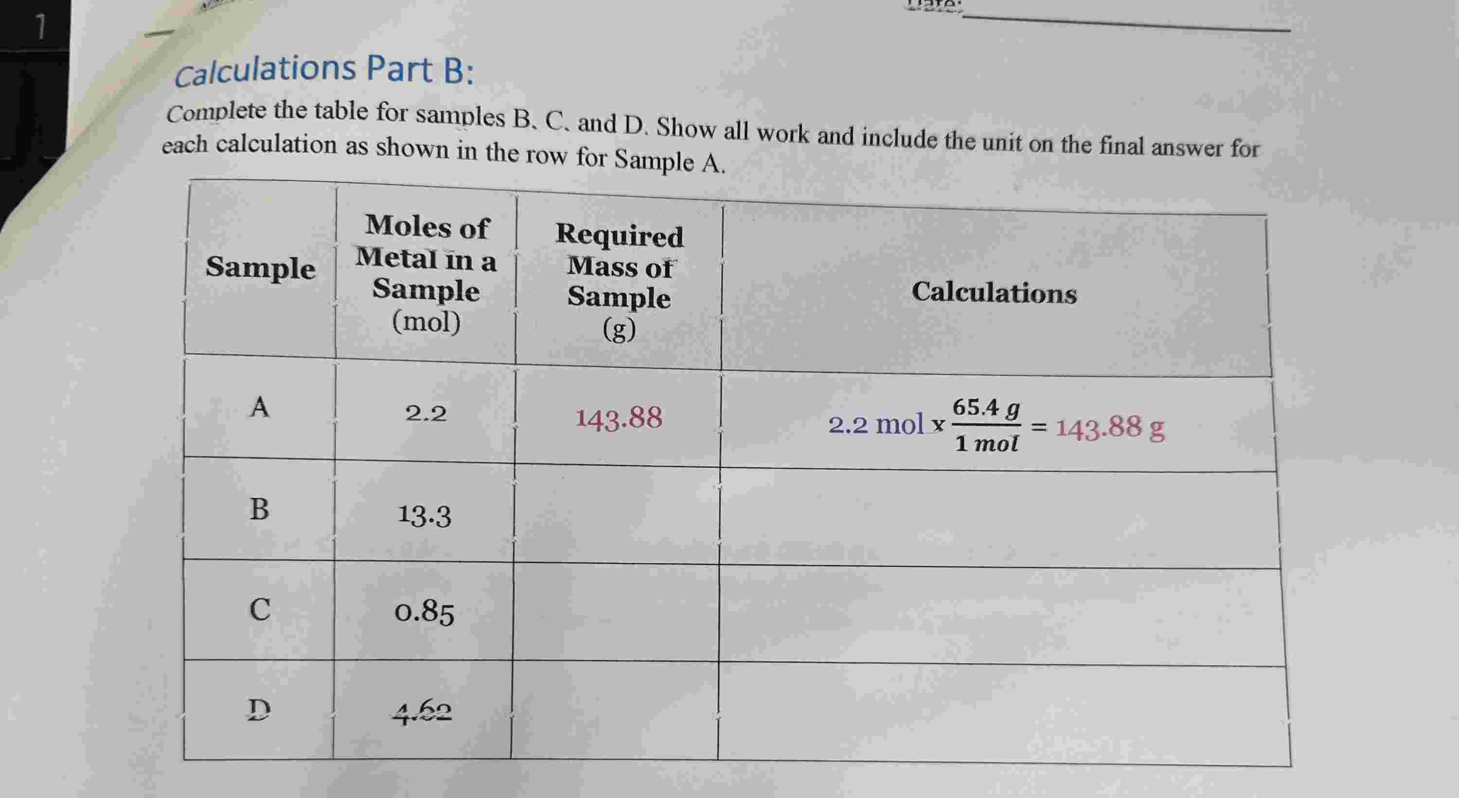 Solved Calculations Part B:Complete the table for samples B, | Chegg.com