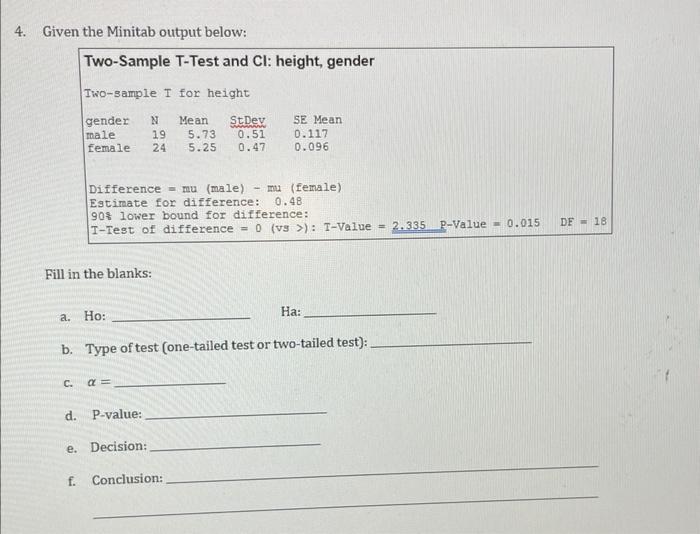 [Solved]: 4. Given the Minitab output below: Two-Sample T-T