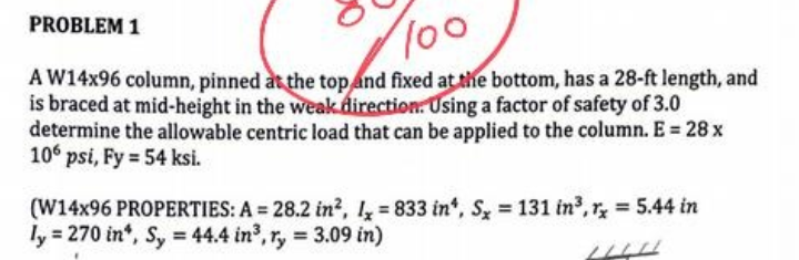 Solved PROBLEM 1A W14x96 ﻿column, pinned at the top and | Chegg.com