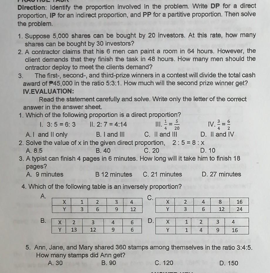 Solved Direction: Identify the proportion involved in the | Chegg.com