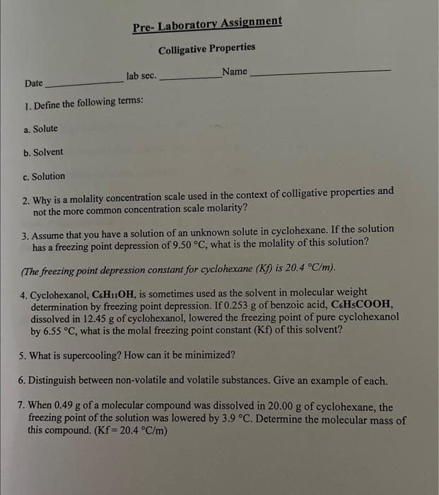 Solved Colligative Properties lab sec. Name Date 1. Define | Chegg.com