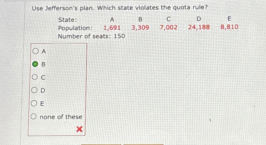 Solved Use Jefferson's plan. Which state violates the quota | Chegg.com