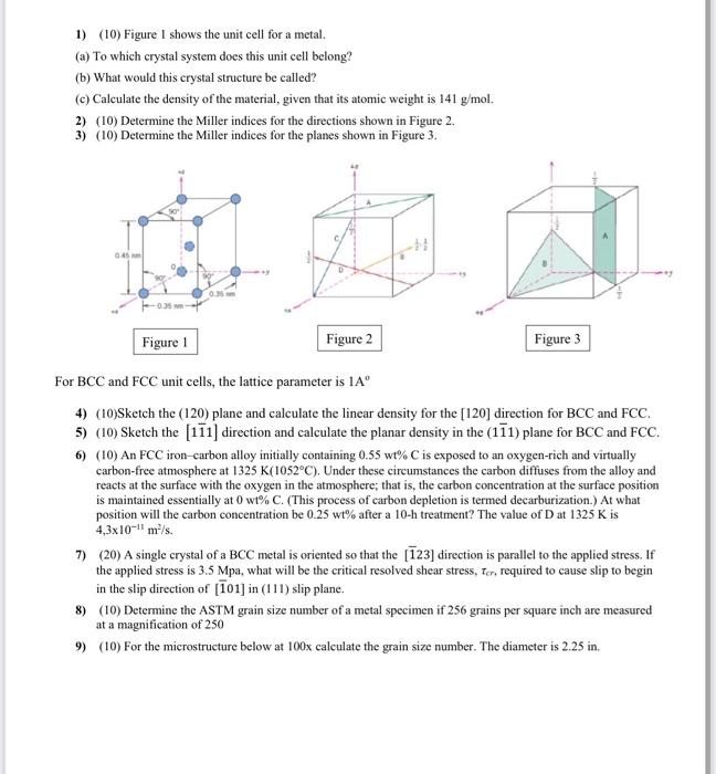 Solved 1) (10) Figure I shows the unit cell for a metal. (a) | Chegg.com