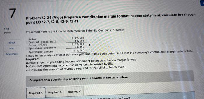 Solved Problem 12-24 (Algo) Prepare a contribution margin | Chegg.com