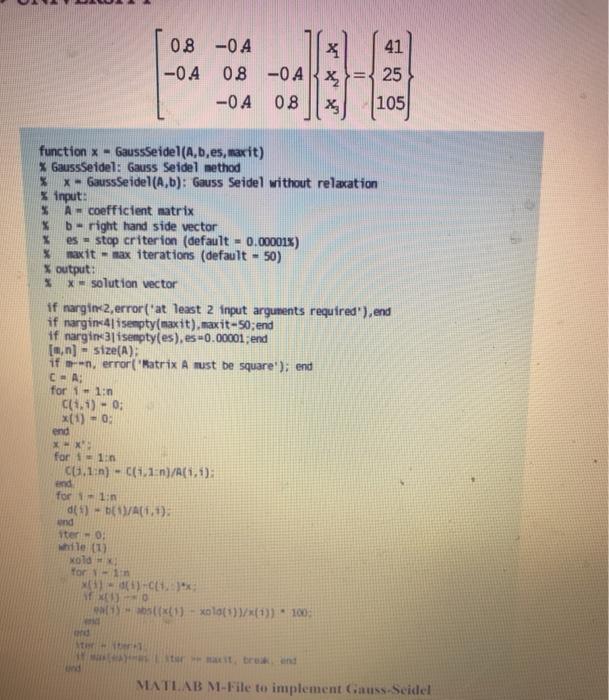 Solved Develop your own M-file function for Gauss-Seidel | Chegg.com