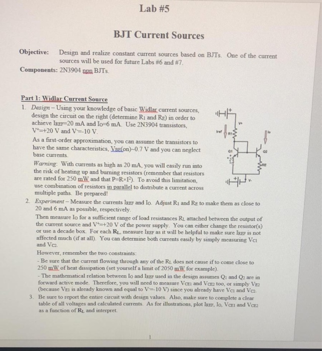 Solved Lab #5 BJT Current Sources Objective: Design and | Chegg.com
