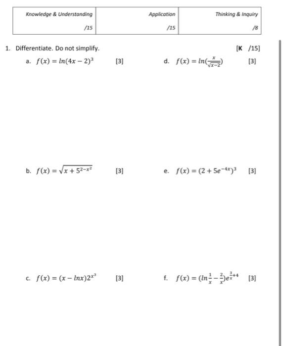Solved 1 Differentiate Do Not Simplify K15 A 