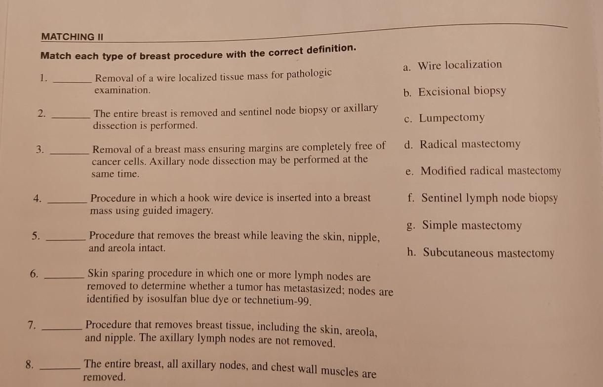 Solved MATCHING IIMatch each type of breast procedure with | Chegg.com