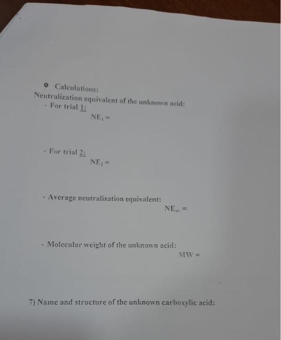 Solved o Calculations: Neutralization equivalent of the | Chegg.com