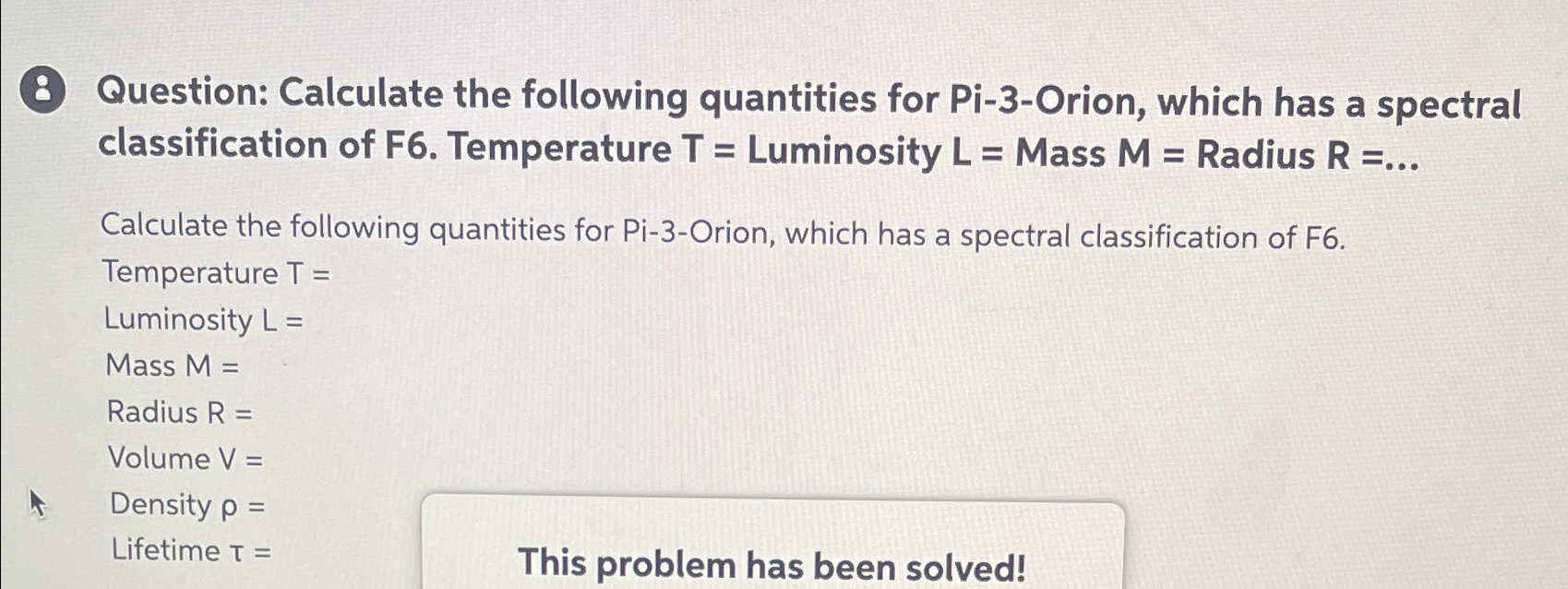 Solved Question: Calculate the following quantities for | Chegg.com
