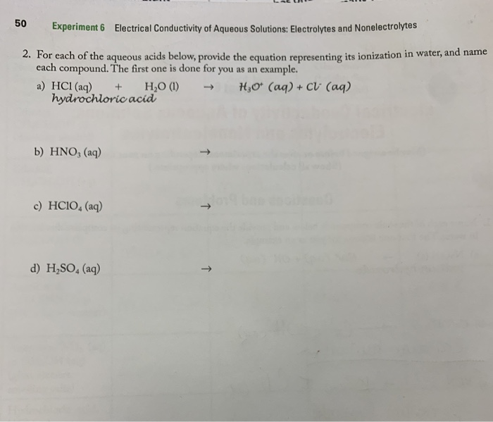 Solved 50 Experiment 6 Electrical Conductivity of Aqueous | Chegg.com
