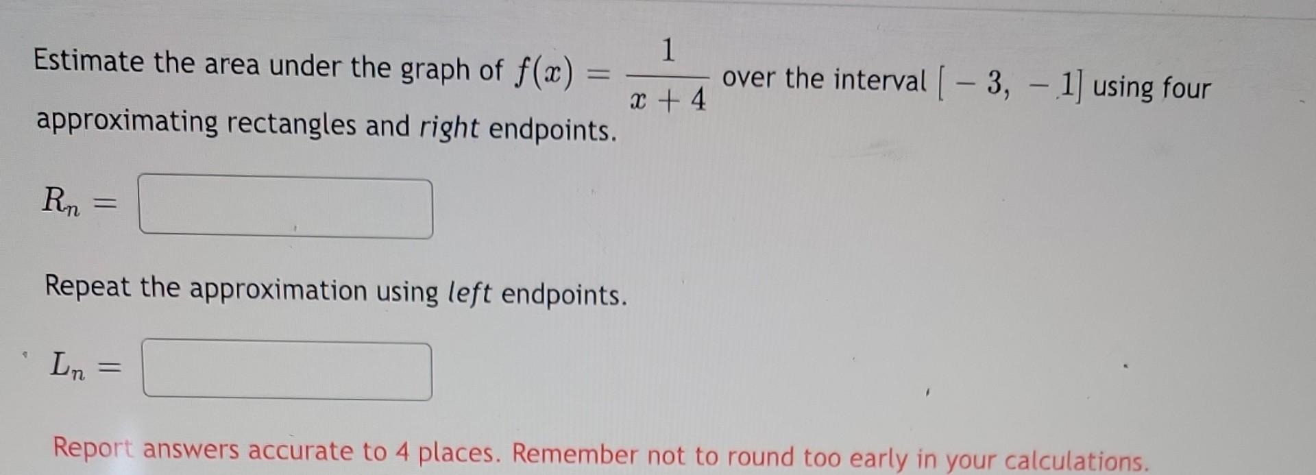 Solved Estimate the area under the graph of f(x) = 1/×+4 | Chegg.com