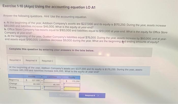 Solved Exercise 1-10 (Algo) Using the accounting equation LO | Chegg.com