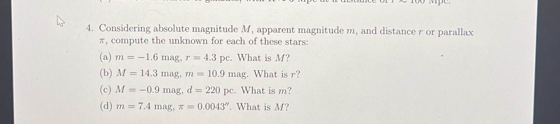 Solved Considering absolute magnitude M, ﻿apparent magnitude | Chegg.com