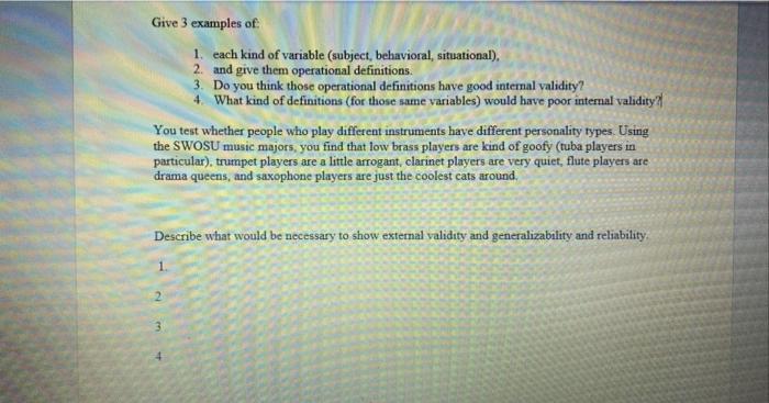 Solved Give 3 examples of 1. each kind of variable (subject, | Chegg.com