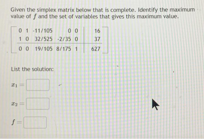Solved Given the simplex matrix below that is complete. | Chegg.com