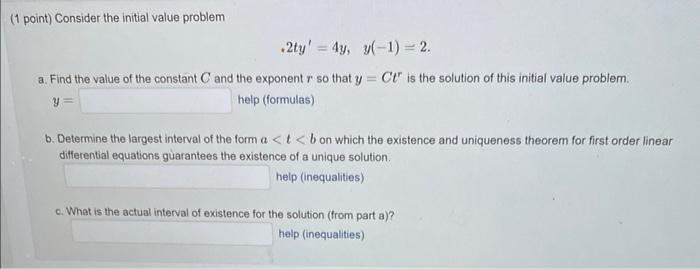 Solved (1 point) Consider the initial value problem | Chegg.com
