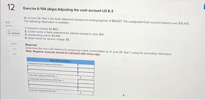 Solved Exercise 6-10A (Algo) Adjusting the cash account LO | Chegg.com