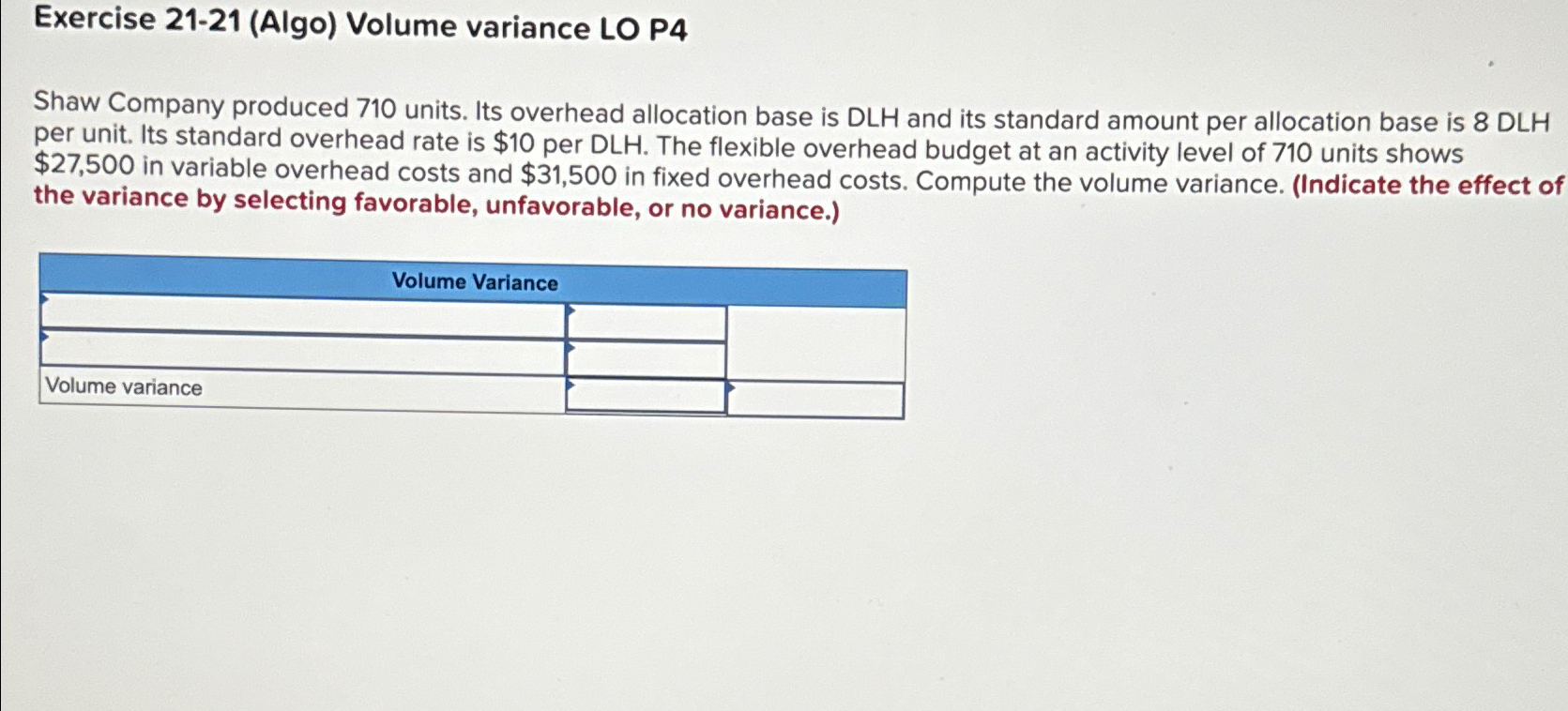 Solved Exercise 21-21 (Algo) ﻿Volume variance LO P4Shaw | Chegg.com