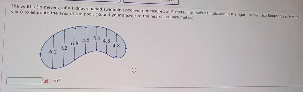 Solved The widths (in meters) ﻿of a kidney-shaped swimming | Chegg.com