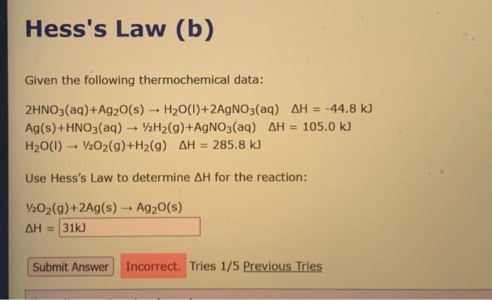 Solved Hess's Law (b) Given the following thermochemical | Chegg.com