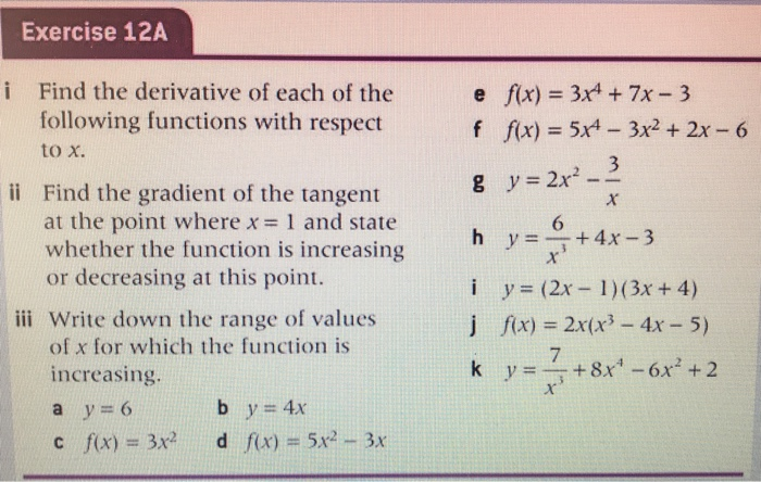 Solved Exercise 12A i Find the derivative of each of the | Chegg.com