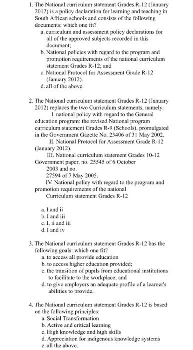 Solved 1. The National curriculum statement Grades R-12 | Chegg.com