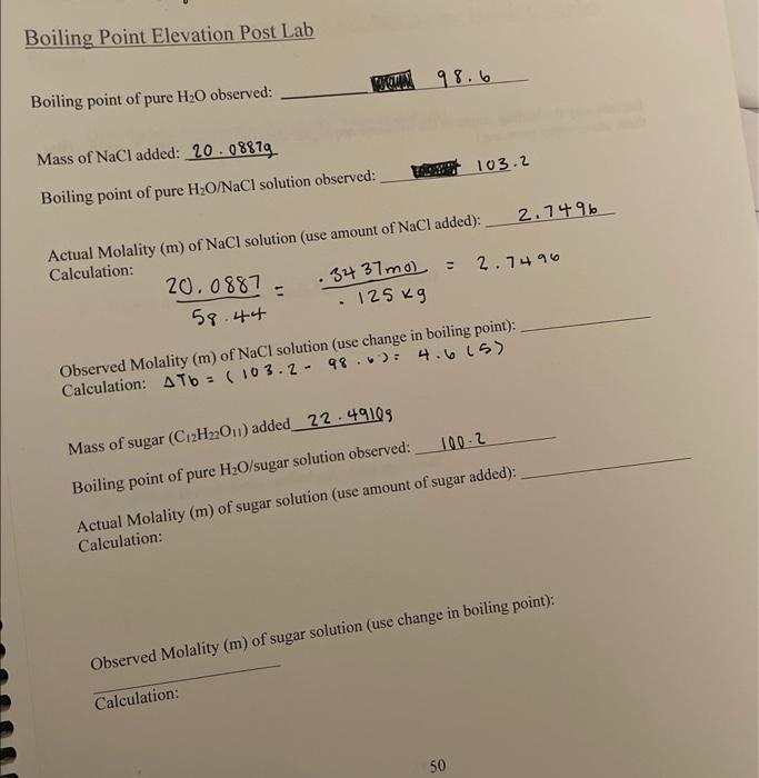 Solved Boiling point of pure H2O/NaCl solution observed: | Chegg.com