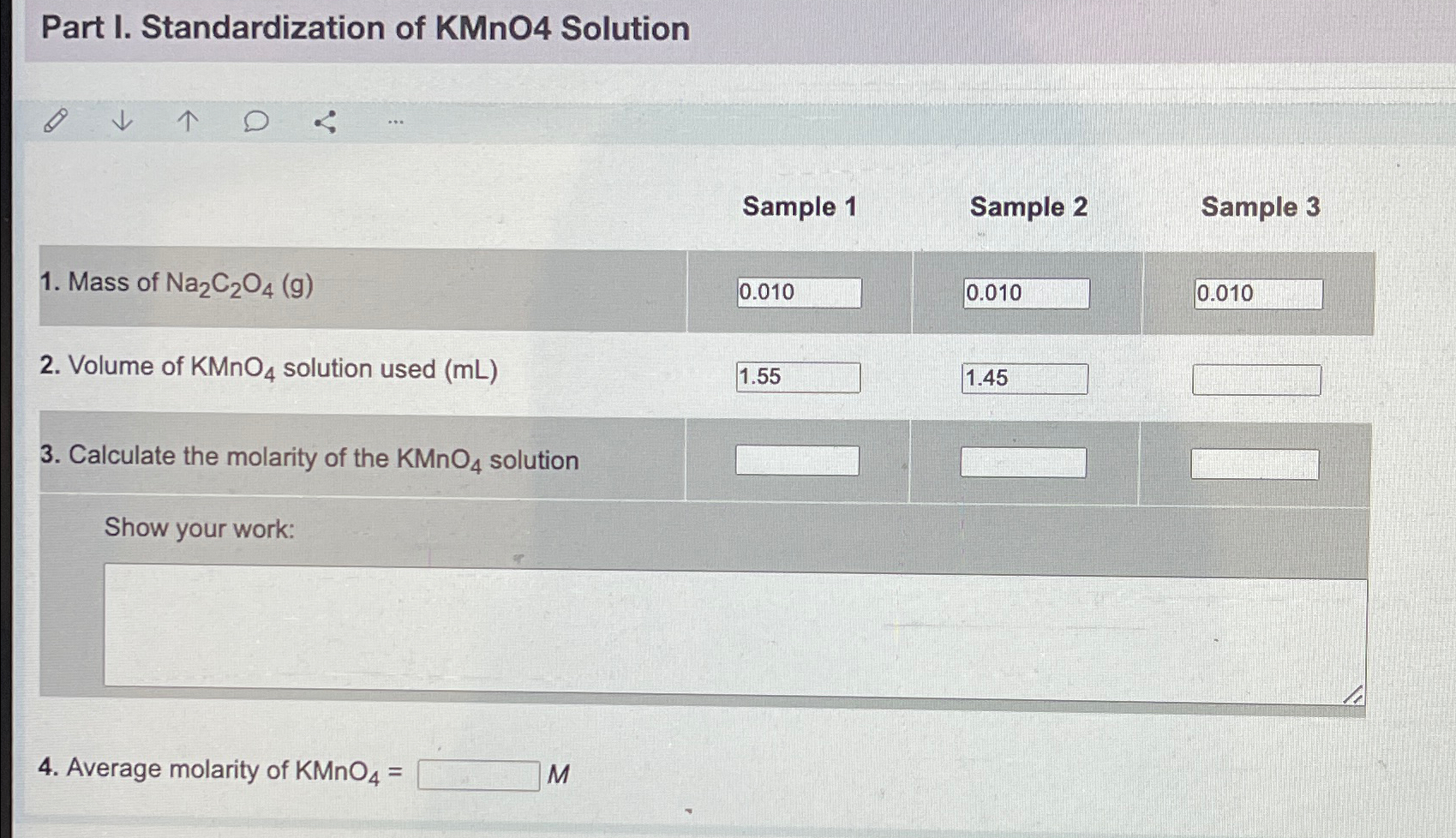 may you calculate the molarity of the KMnO4 ﻿solution | Chegg.com
