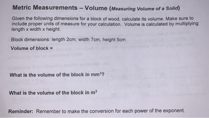 Solved Metric Measurements - Volume (Measuring Volume of a | Chegg.com