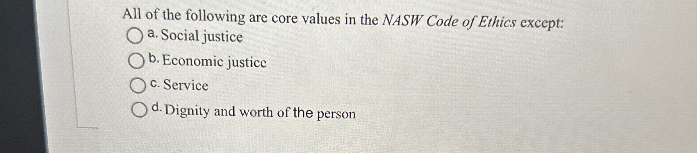 Solved All of the following are core values in the NASW Code | Chegg.com