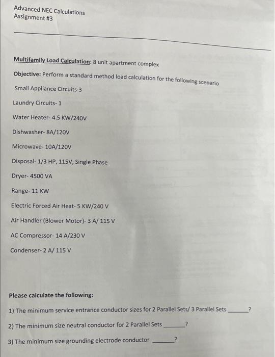 Solved Advanced NEC Calculations Assignment #3 Multifamily | Chegg.com