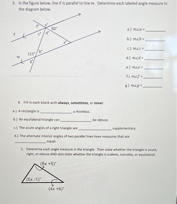 Solved 3. In the figure below, line ℓ is parallel to line m. | Chegg.com