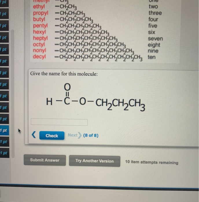 Solved pt - pt pt ethyl -CH2CH3 two propyl -CH2CH2CH3 three | Chegg.com