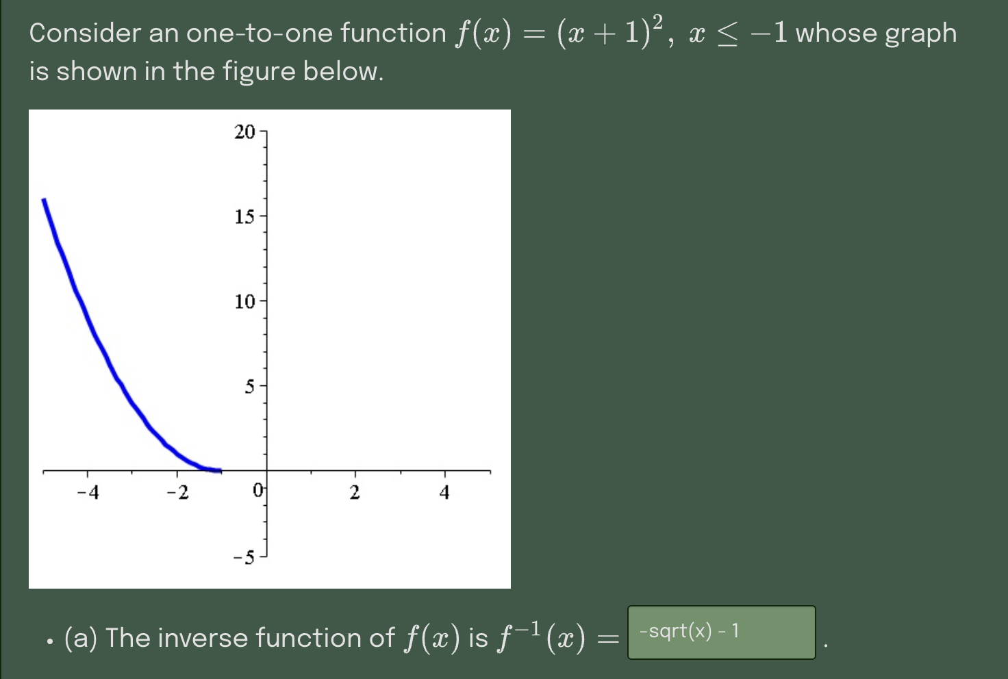 Solved Consider an one-to-one function f(x)=(x+1)^(2),x