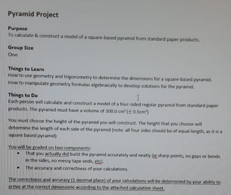 Solved Pyramid Project Purpose To calculate & construct a | Chegg.com