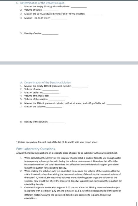 Solved Procedure A. Determination of the Density of a | Chegg.com