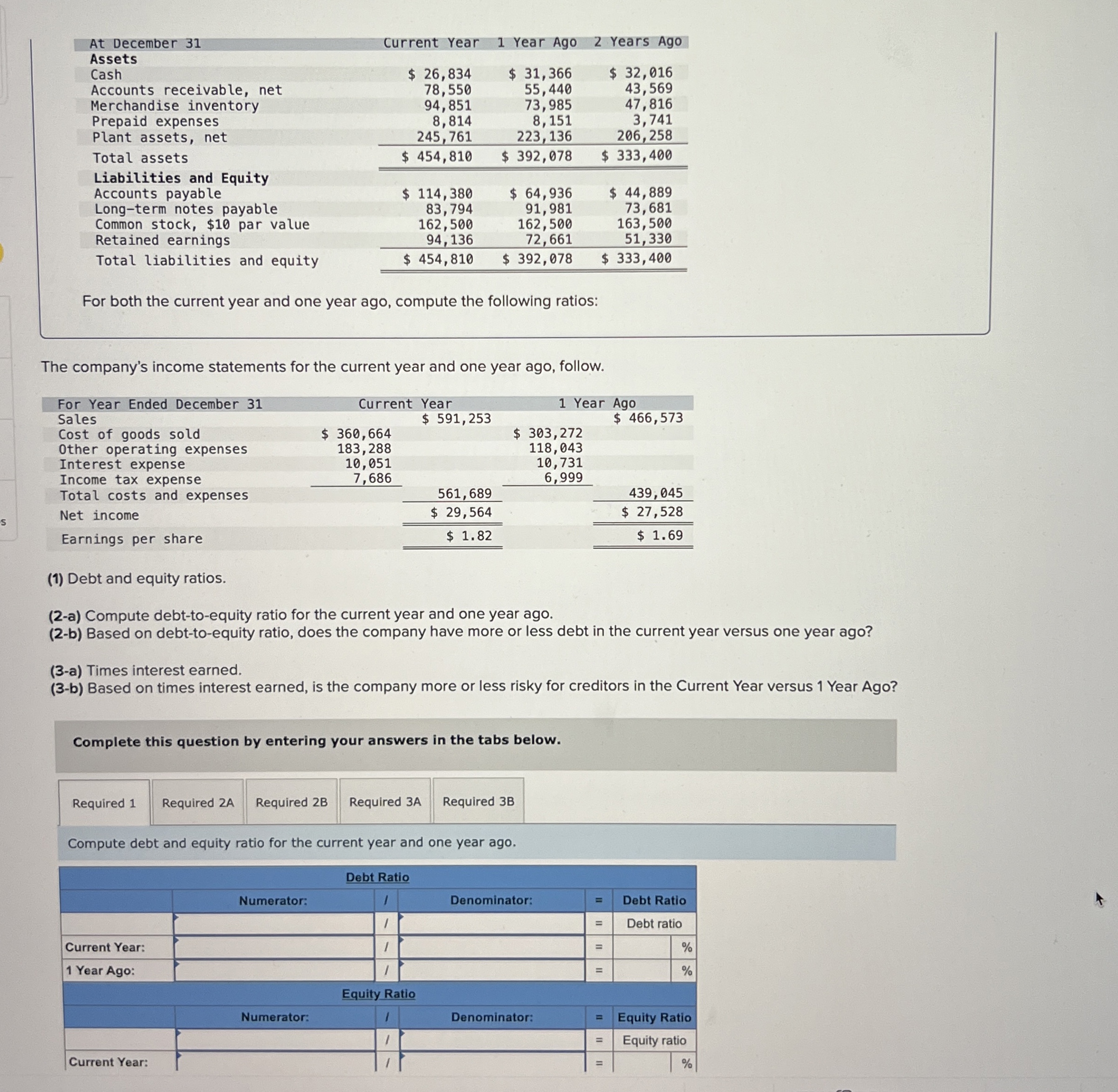 Solved \table[[At December 31,Current Year,1,Year Ago,2 | Chegg.com