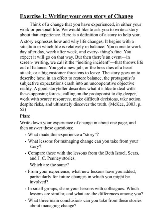Exercise 1: Writing your own story of Change Think of | Chegg.com