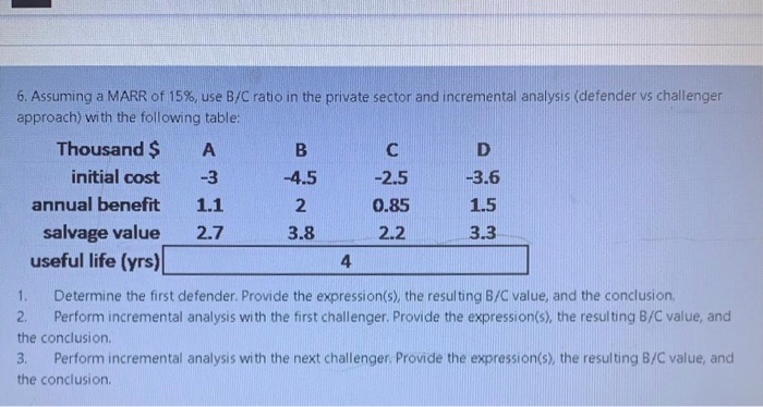 Solved с 6. Assuming a MARR of 15%, use B/C ratio in the | Chegg.com