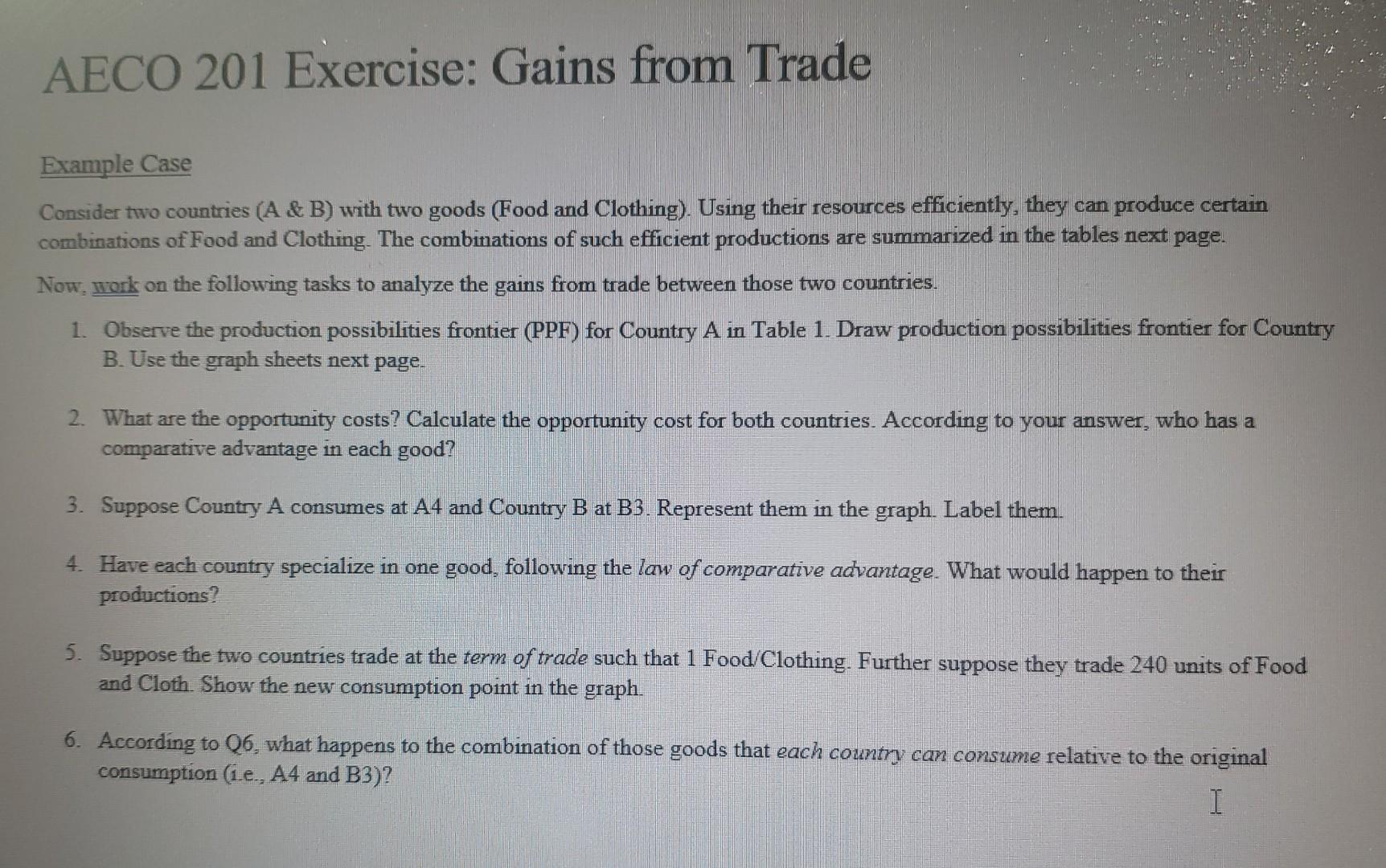 Solved AECO 201 Exercise: Gains from Trade Example Case | Chegg.com
