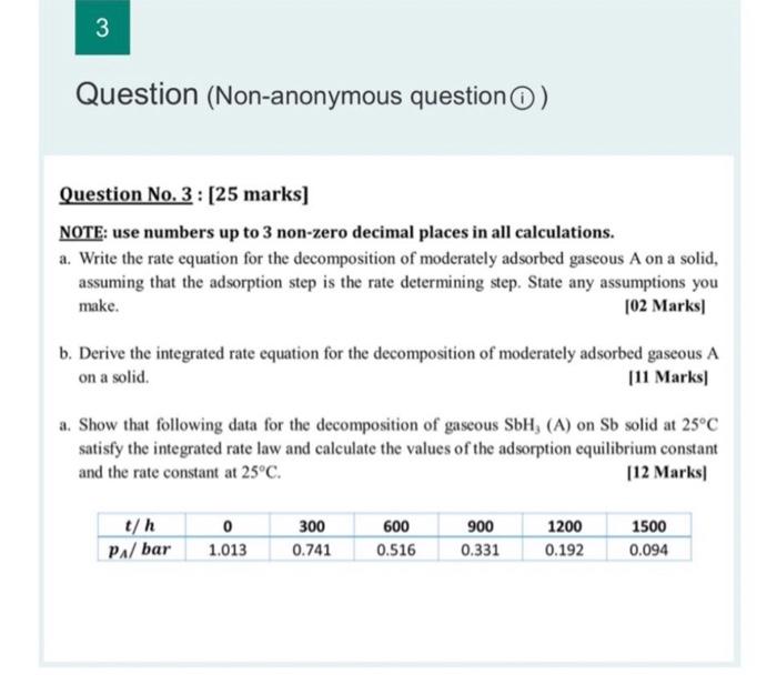 3 Question (Non-anonymous question ) Question No. 3: | Chegg.com