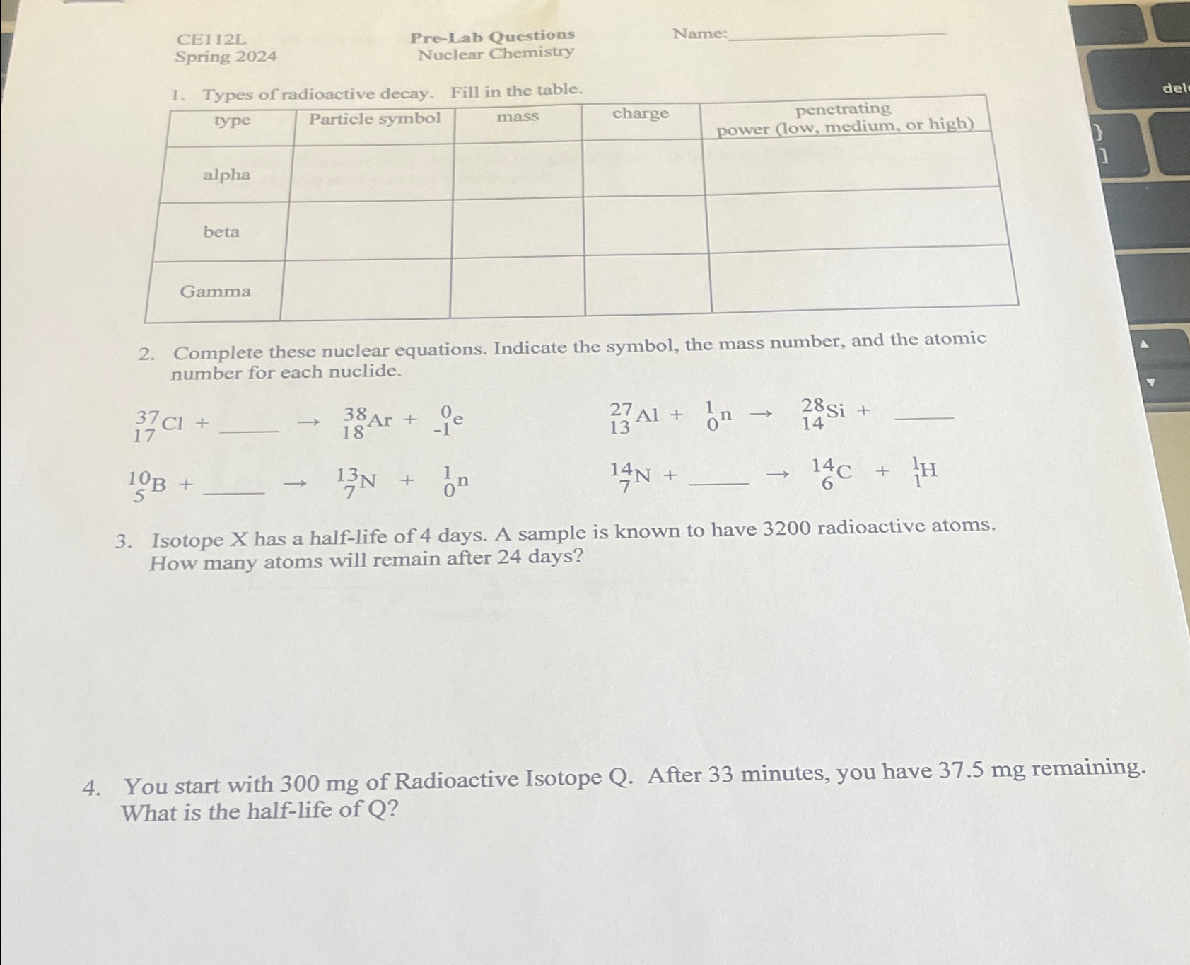 Solved CE1 12LPre-Lab QuestionsName:Spring 2024Nuclear | Chegg.com